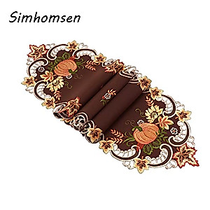 Simhomsen Brown Embroidered Thanksgiving Harvest Pumpkins Table Runners for Autumn Or Fall Decorations (14 × 69 Inches)