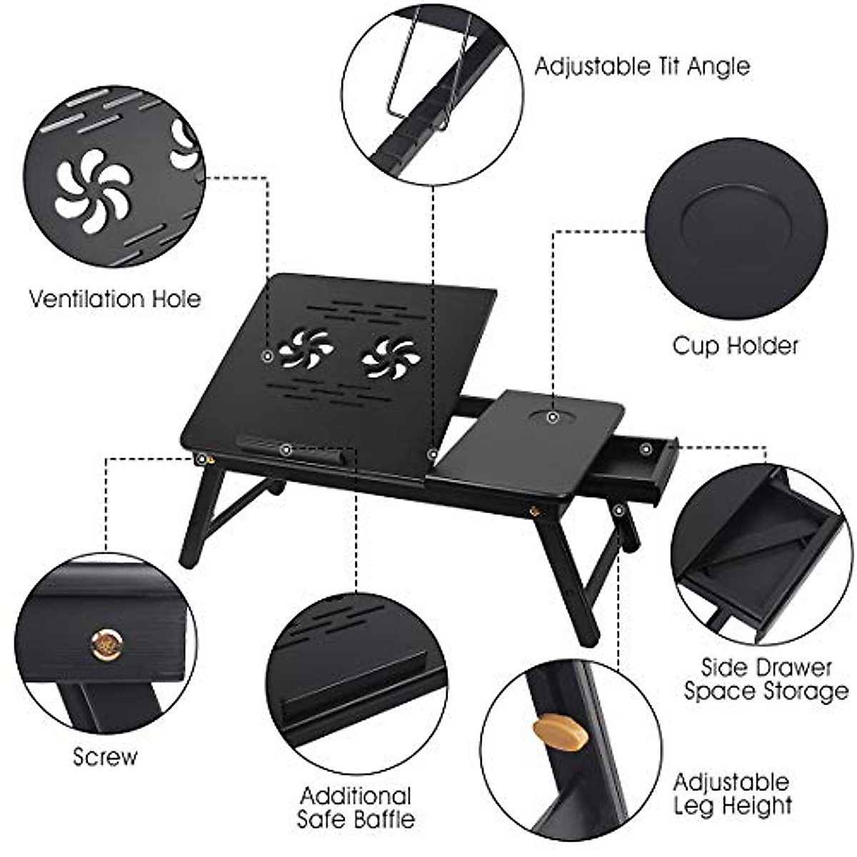 Bamboo Laptop Desk,Serving Bed Tray Breakfast Table with Folding Legs,Multifunctional Table with Cup Holder,Floor Desk Notebook Stand with Tilting Top Storage Drawer,Black (Black)