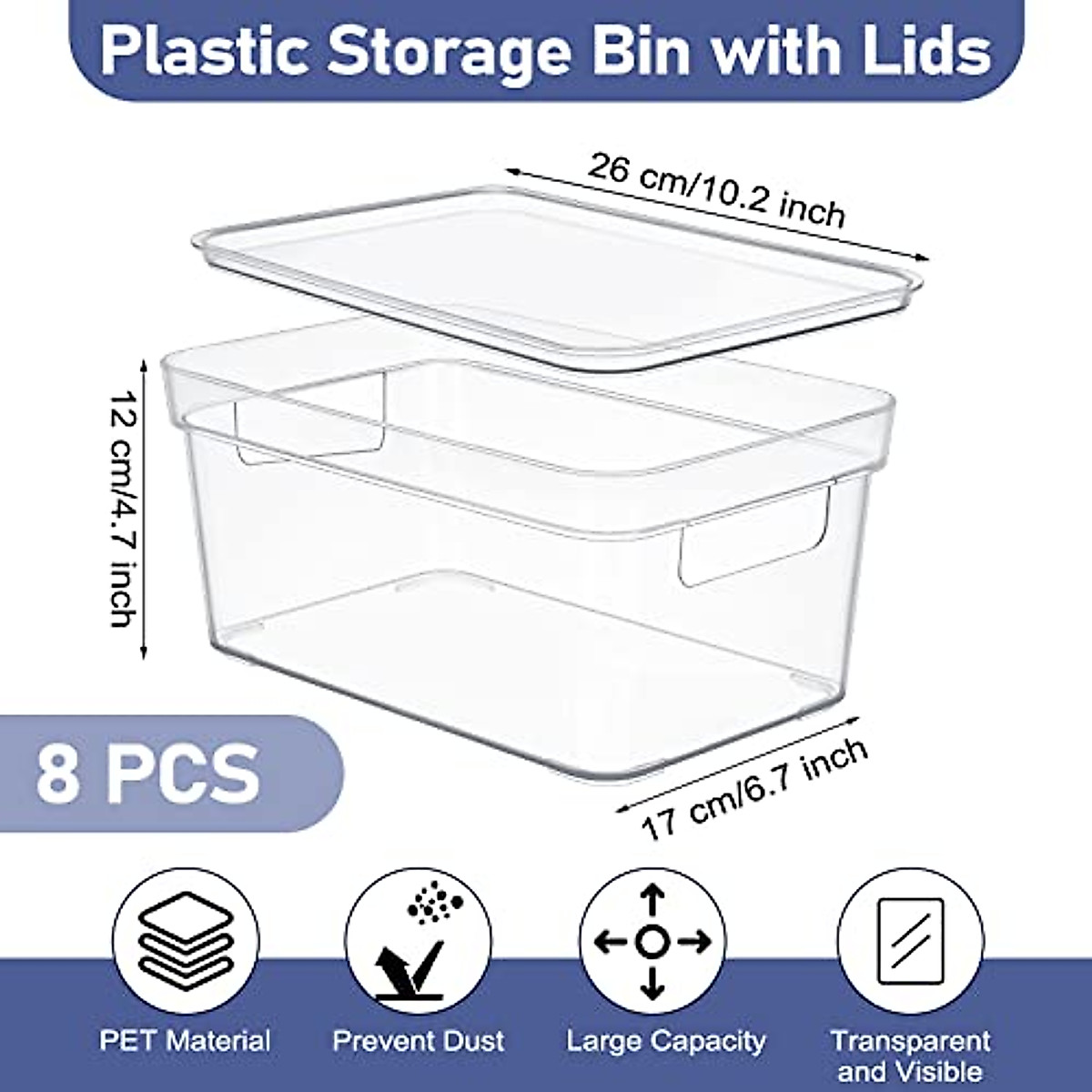 8 Pcs Clear Plastic Storage Bins with Lids Fridge Organizers Kitchen Stackable Clear Containers for Organizing Pantry Storage Bins for Refrigerator Bedroom Bathroom Office