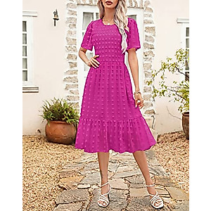 Kranda 2023 Women Summer Casual Short Sleeve Solid Midi Dress Round Neck Flutter Sleeve Smocked Ruffle Swing Flowy Swiss Dot Hot Pink Dress XL