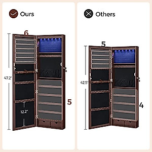 SONGMICS 6 LEDs Mirror Jewelry Cabinet Lockable 47.2" H Wall/Door Mounted Jewelry Armoire Organizer, 2 Drawers, Dark Brown UJJC93K