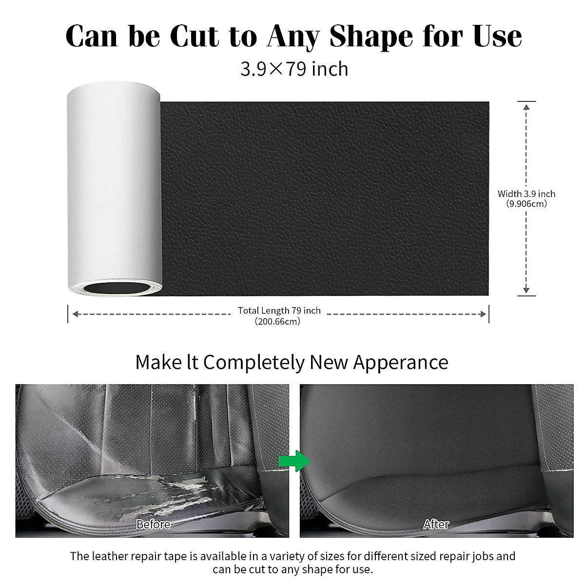 CHEIGHY Leather Repair Kit for Furniture - Advanced PU Material, Strong Self Adhesive Leather Repair Patch for Couch 3.9X79 inch Vinyl Repair Tape for Car Seat Upholstery Sofa Office Chair (Black)