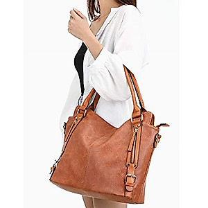 Panzexin Women Handbags, Vintage Large Capacity Shoulder Bags Tote, Chic PU Leather Handbags Brown