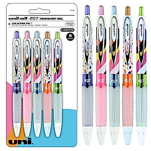 Uniball Signo 207 Designer Retractable Gel Pen, 5 Assorted Ink Pens, 0.7mm Medium Point Gel Pens| Office Supplies, Ink Pens, Colored Pens, Fine Point, Smooth Writing Pens, Ballpoint Pens