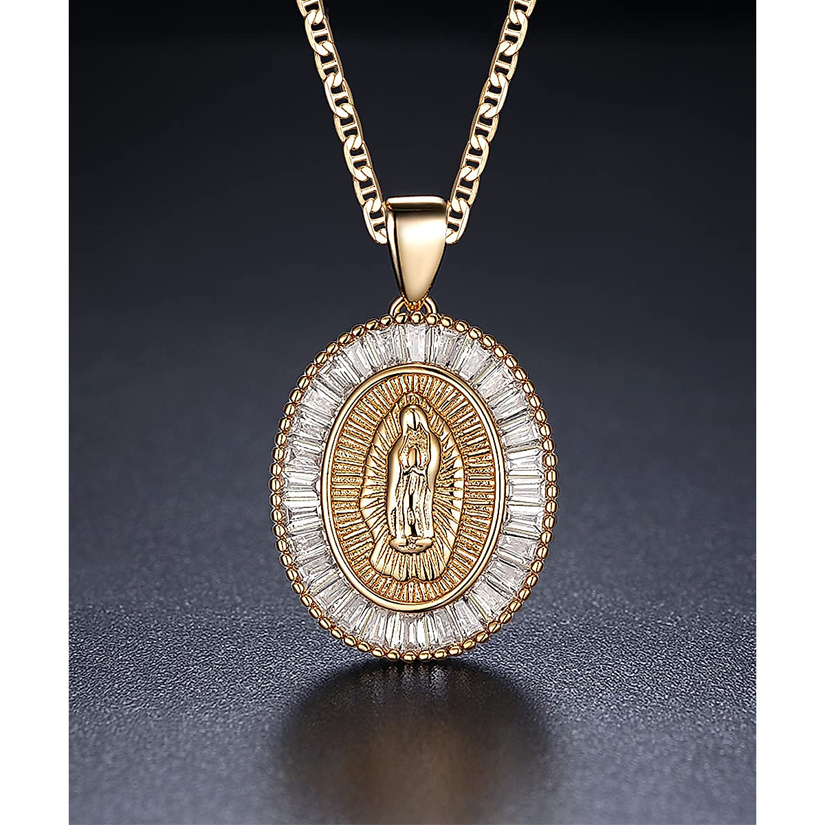 Barzel 18K Gold Plated Flat Mariner/Marina 060 3MM Chain Necklace With Cubic Zirconia Virgin Mary Guadalupe Charm Pendant (20)