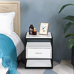 Nightstand Set of 1 with Drawer Modern Square End Side Table for Storage, Open Shelf in Bedroom, Living Room, Small Space, Stable Metal Frame, White