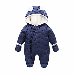 Bafeicao Baby Boy Girl Winter Hooded Snowsuit Romper Zipper Padding Bodysuit Infant Puffer Jacket with Gloves 9-12 Months, Navy Blue