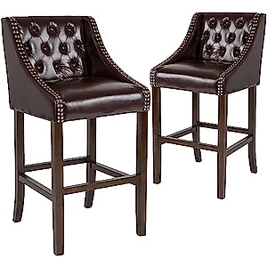 Flash Furniture 2 Pk. Carmel Series 30" High Transitional Tufted Walnut Barstool with Accent Nail Trim in Brown LeatherSoft