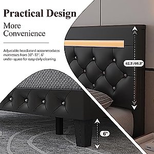 Kallabe Queen Size Bed Frame with LED Light Leather Platform Bed Frame with Adjustable Upholstered Headboard, Smarter Bed Frame APP Control LED Lights, No Box Spring Needed, Black