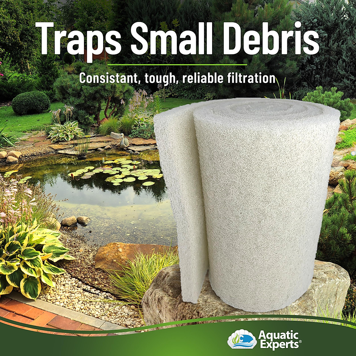 Classic Koi Pond Filter Pad FINE - White Bulk Roll Pond Filter Media, Ultra-Durable Pond Filters for Outdoor Ponds, Reusable Fish Pond Filter Material, USA, Aquatic Experts (3/4" - 1" x 12" x 72")