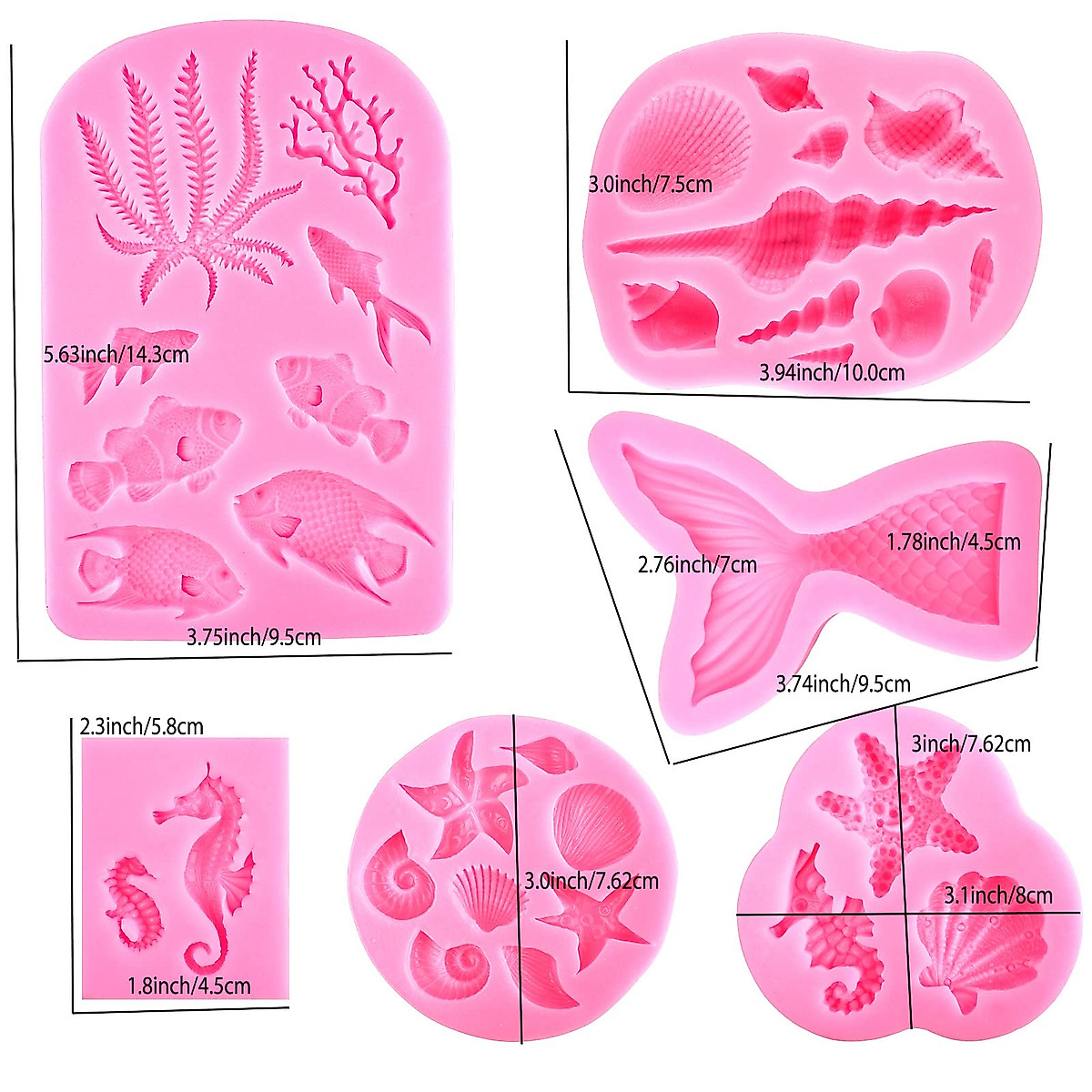 Mermaid Silicone Mold Marine Fondant Cake Mold 6 Pieces Mermaid Tail Chocolate Candy Soap Resin Polymer Clay Mold Seashell Seaweed Seahorse Sea Turtle Silicone Baking Mold