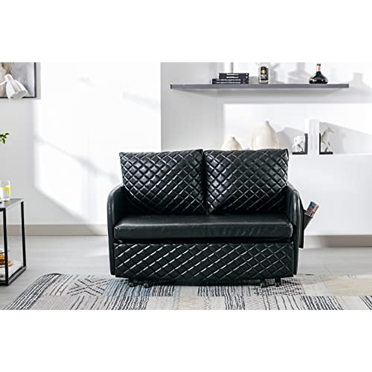 FANYE Black PU Leather Tufted Both Side Pockets Storage Basket, 46.06”29.92”31.10