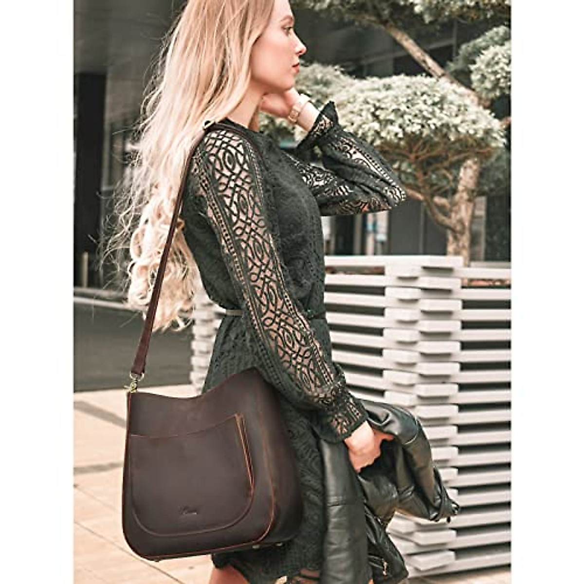 S-ZONE Women Genuine Leather Hobo Bag Crossbody Bucket Purse Vintage Shoulder Handbag with Woven Strap