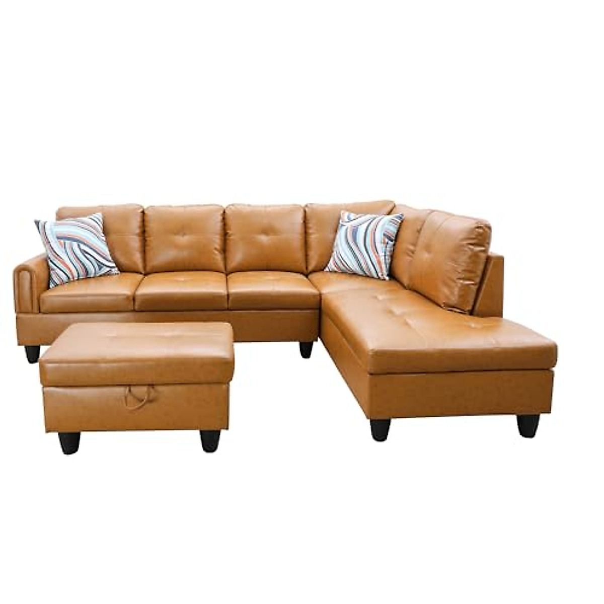 NOTOP 3-Piece Faux Leather L-Shaped Sectional Sofas, Button Tufted Upholstered Couch Set with Right Chaise Longue and Storage Ottoman, for Living Room, Home, Office, Ginger