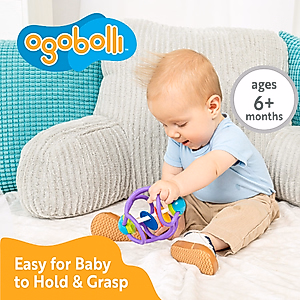 OgoBolli Teether Ring Tactile Sensory Ball and Baby Rattle Toy for Babies & Toddlers - Stretchy, Squishy, Soft, Non-Toxic Silicone - Boys and Girls Age 6+ Months - Purple