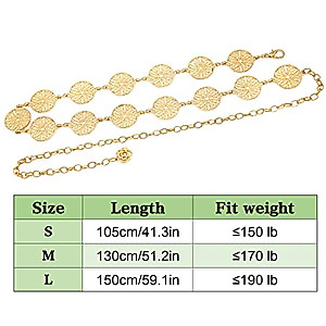 Glamorstar Chain Belts for Women Hollow Metal Waist Chain Belts Dress Belt for Her Circle Gold 130CM