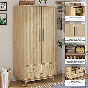 Mxtxmy Armoire Wardrobe Closet with 2 Fluted Doors,64.96" Wooden Clothes Storage Cabinet with Hanging Rod and Shelf Storage,Wardrobe Cabinet with 3 Drawers,Freestanding Closet for Bedroom,Natural