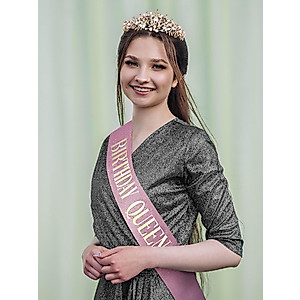 SWEETV Birthday Crowns for Women Pink Birthday Queen Sash and Tiara Set Rhinestone Princess Headband for Birth Day Party Photograph