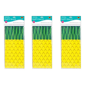 Beistle 75 Piece Tropical Treat Favor Bags - Luau Party Pineapple Cello Candy Bags With Twist Ties