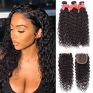 10A Water Wave Bundles with Closure (16 18 20 +14) Wet and Wavy Brazilian Virgin Human Hair 3 Bundles with 4x4 Lace Closure with Baby Hair Free Part 1B# Curly Wave Human Hair Extensions