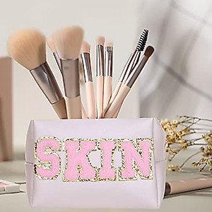 CRUOXIBB Preppy Patch Cosmetic Toiletry Bag for Women SKIN Letters PU Leather Portable Makeup Bag Zipper Pouch Storage Purse Waterproof Organizer for Travel (Shell Gold)
