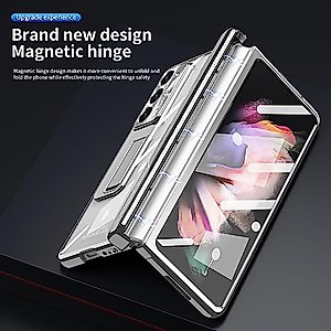 PUROOM for Samsung Galaxy Z Fold 5 Hinge Coverage Protective Case Transparent Plating PC with Pen Holder Kickstand Screen Protector All-Inclusive Case (z fold 5, Silver)