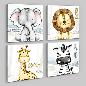 Creoate Kids Room Decor Wall Art, 4 Pieces Cute Animal Picture with Inspirational Quotes Canvas Print Artwork Framed Set Adorable Nursery Wall Art for Kid Baby Child Room (12x12 Inch x4pcs)