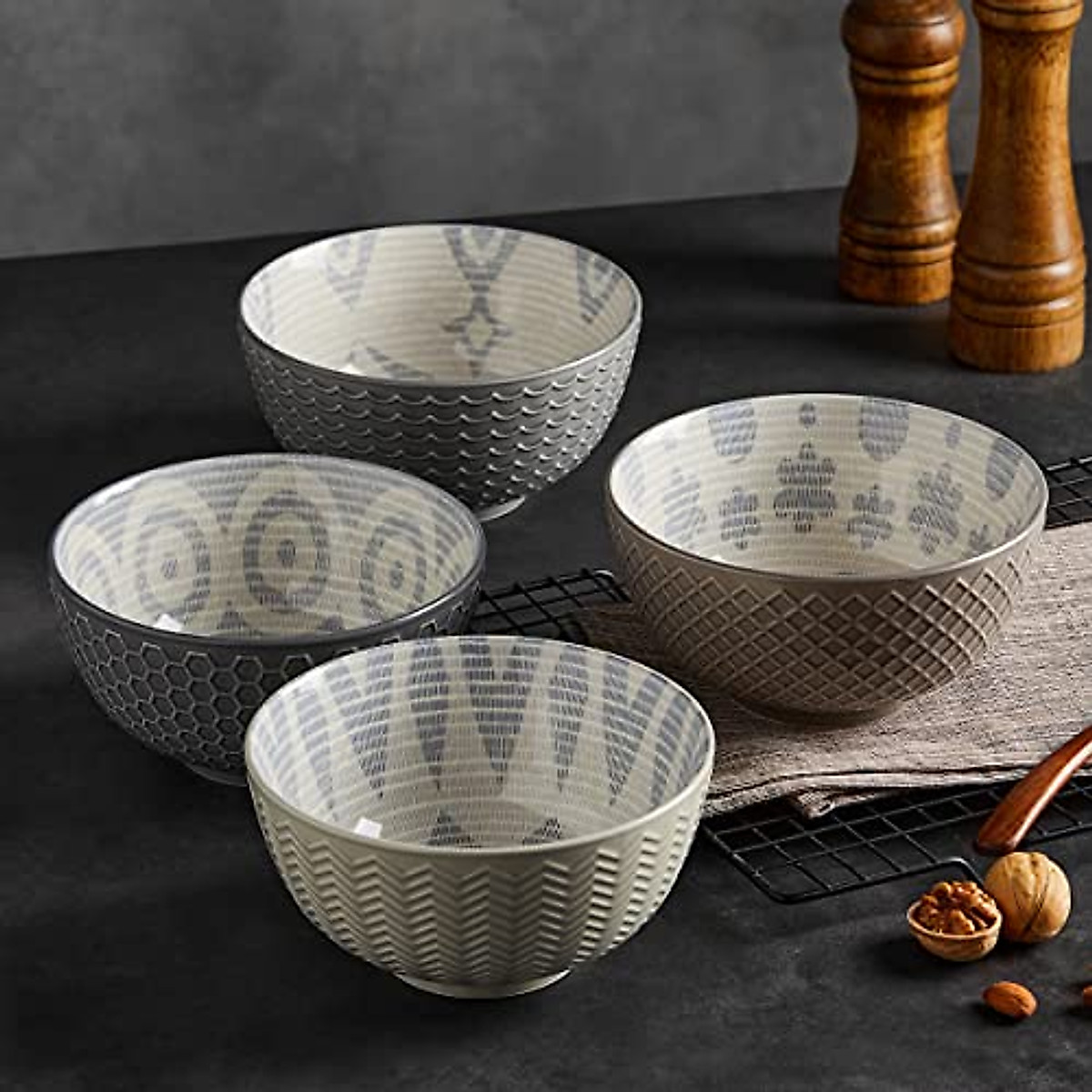 Signature Housewares Pad Print Set of 4 Assorted 6” Bowls, for cereal, ice cream, soup, PP32 Plata Grey