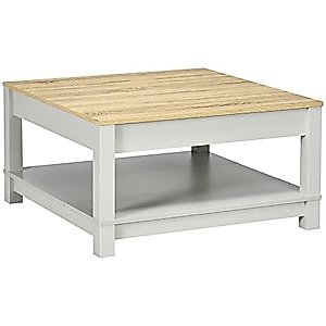 HOMCOM Coffee Table, 2 Tier Center Table with Storage Shelf and Wood Textured Top, Square Living Room Table, Light Gray
