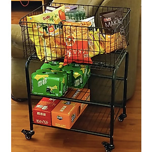HENNZE Rolling Laundry Basket on Wheels,3 Tiers- Garment Storage Cart,Easy Moved Basket for Organizer,Black Metal Basket with Wheels, Garment Metal Rack for Clothes Wash and Dry Sort（Black