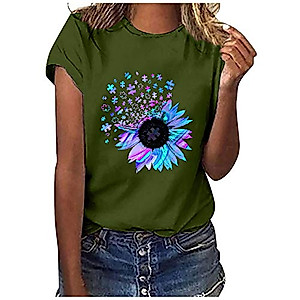 Women Blouse Funny Shirts for Women, Women's Sunflower Printing Casual Top Short Sleeve T Shirt Round Neck Plus Size Tshirts Blusas Casuales de Mujer Bonitas