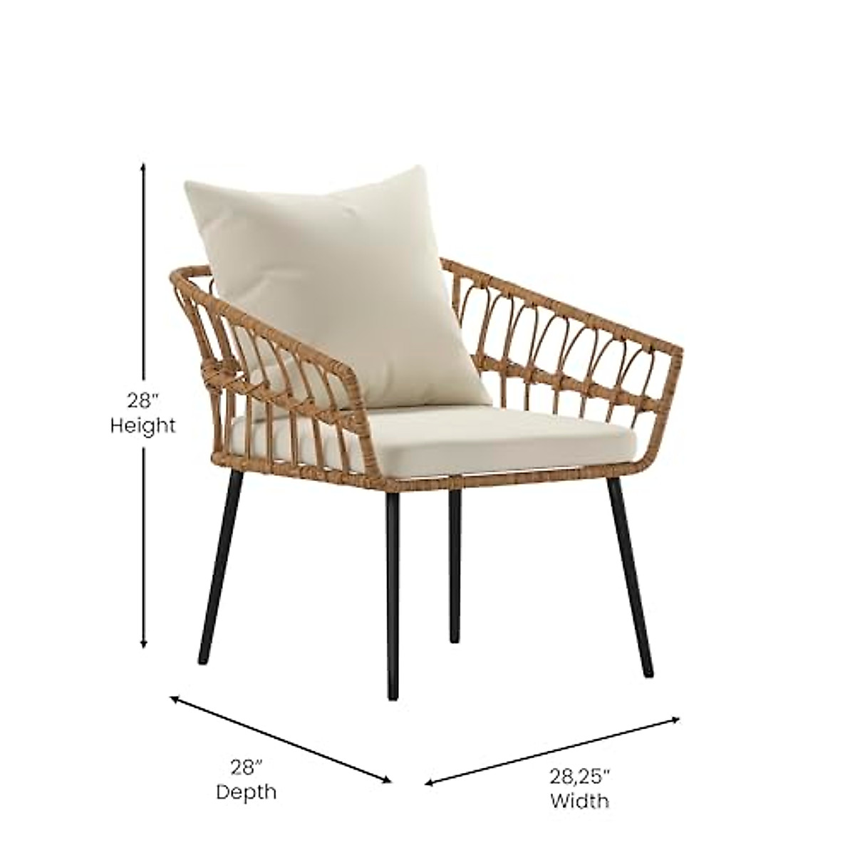 Flash Furniture Evin Set of 2 Boho Indoor/Outdoor Patio Chairs - Natural Finish Faux Rattan Wicker - Cream All-Weather Cushions - Integrated Armrests