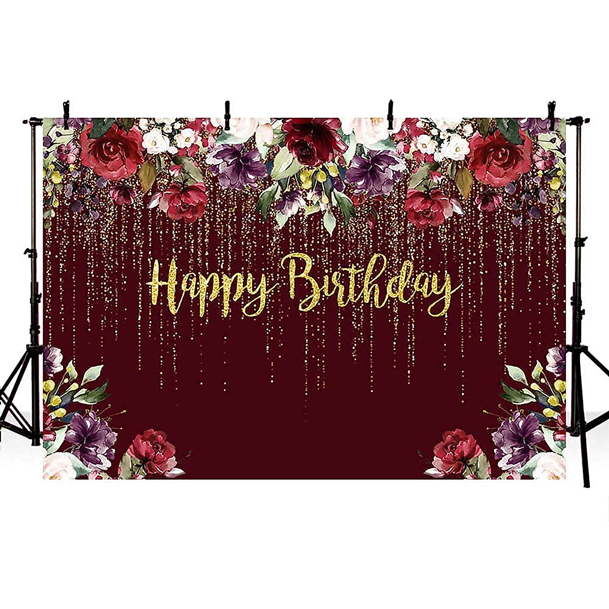ABLIN 7x5ft Gold Happy Birthday Burgundy Backdrop Woman Girl Burgundy Red Purple Flowers Photo Background Dripping Beads Floral Party Decorations Cake Table Banner Supplies
