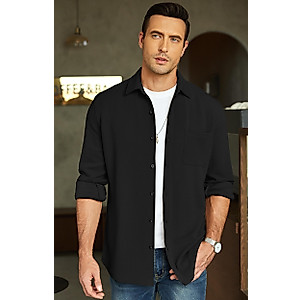 COOFANDY Men's Wrinkle Free Button Down Shirt Long Sleeve Trucker Overshirt Casual Autumn Jacket with Single Pocket Black