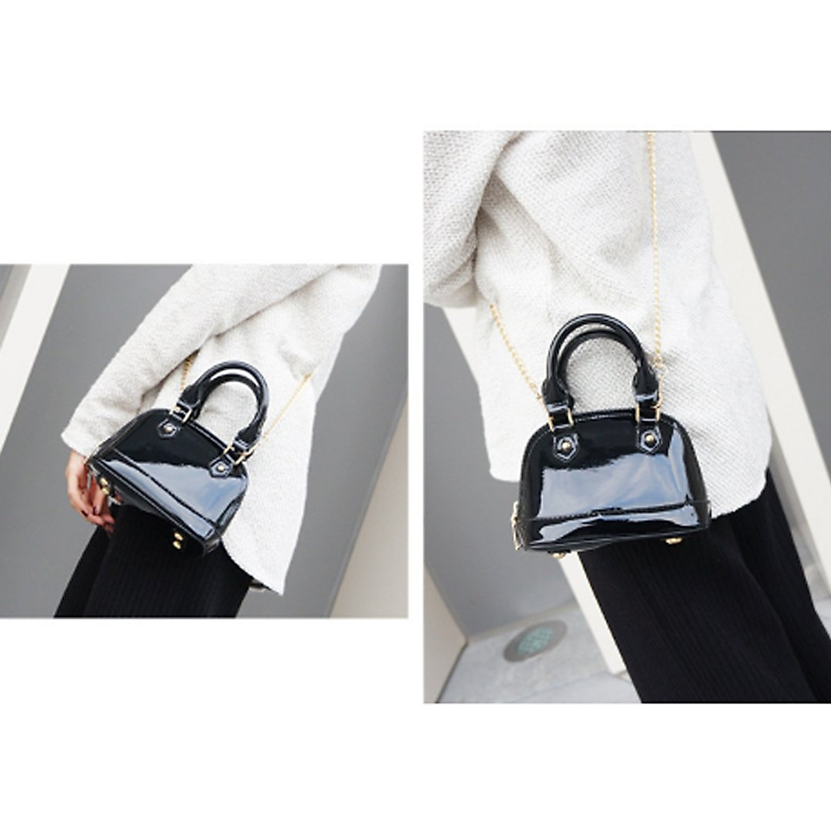 Zip Around Dome Patent Satchel Mini Top Handle Toe Bag Shell Shape Purse Handbags (black)