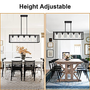 VINLUZ Farmhouse Chandeliers Rectangle Black 5 Light Dining Room Lighting Fixtures Hanging, Kitchen Island Cage Pendant Lights Contemporary Modern Ceiling Light with Glass Shade Adjustable Rods
