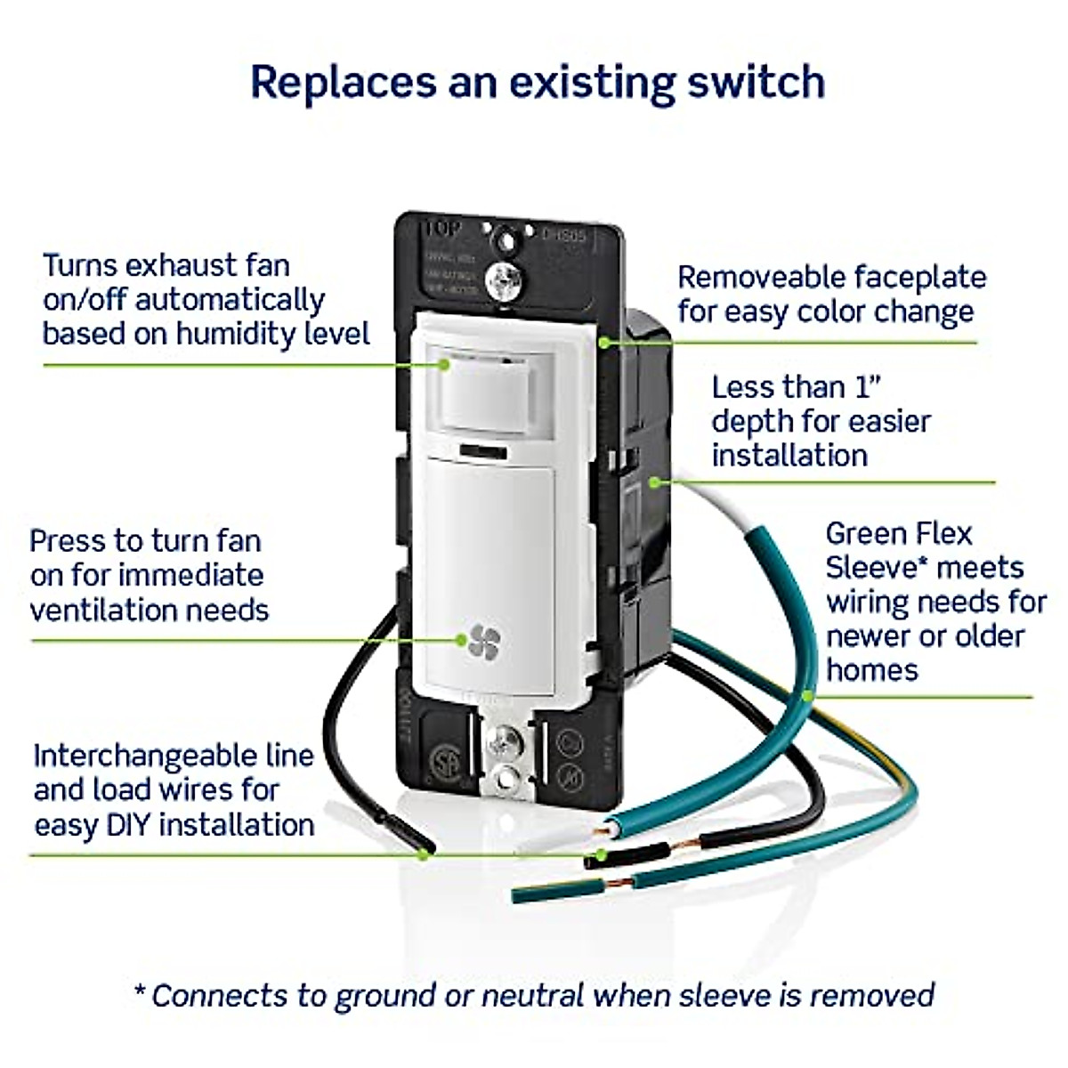 Leviton DHS05-1LW Humidity Sensor Switch for bathroom exhaust fan, automate ventilation, air circulation, moisture control,  ¼ HP, Single Pole, White