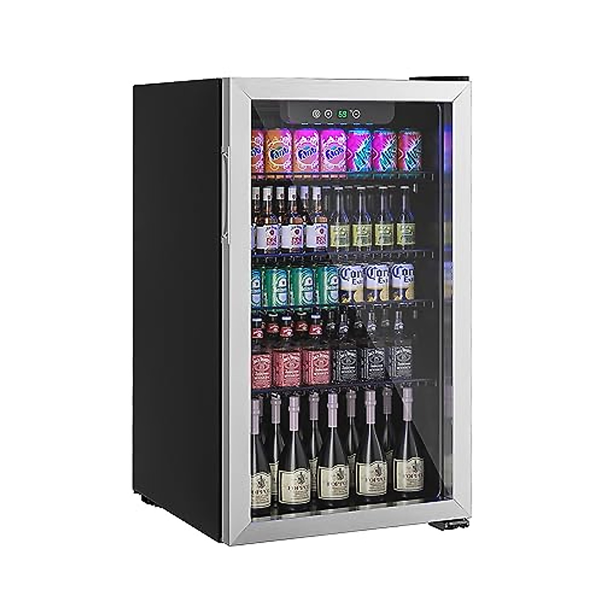 Erivess Compact Freestanding Beverage Refrigerator,126 Can Mini Fridge with Glass Front Door for Soda, Beer, or Wine, Under Counter Drink Dispenser with Adjustable Shelves and Digital Display
