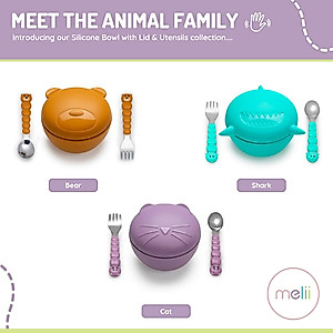 melii Silicone Bowl with Lid & Utensils – spoon and fork for Baby, Toddlers and Kids, BPA Free, Dishwasher & Microwave Safe (Shark)