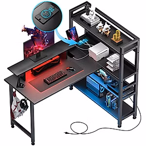 COMHOMA Gaming L Shaped Computer Desk, 55" Home Office Desk with Shelves, L Shape Computer Corner Desk with Charging Port, Gaming Table Power Outlet Build in, LED Writing Desk with Monitor Stand Black