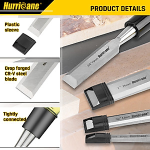 Hurricane 4 Piece Wood Chisel Set for Woodworking, CR-V Steel Beveled Edge Blade, Durable PVC High Impact Handle Wood Chisel