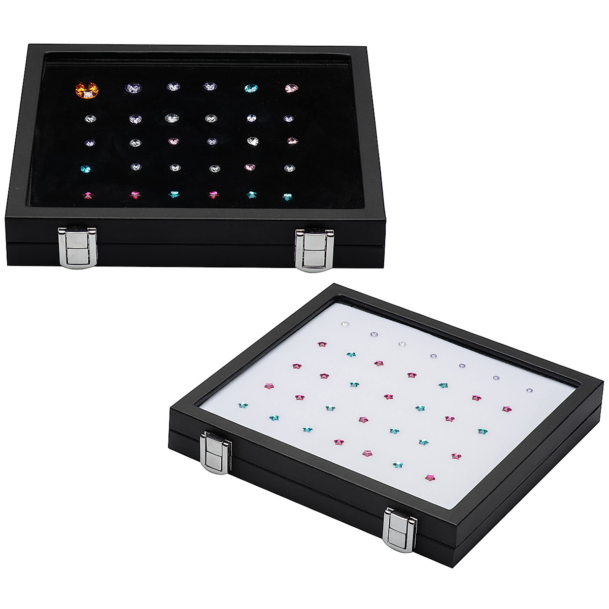 Giftop Jewelry Display Case Tempered Glass Top Lid Black Leatherette,Gemstone Display Case Jewelry Storage Box with Metal Clasp (Large)