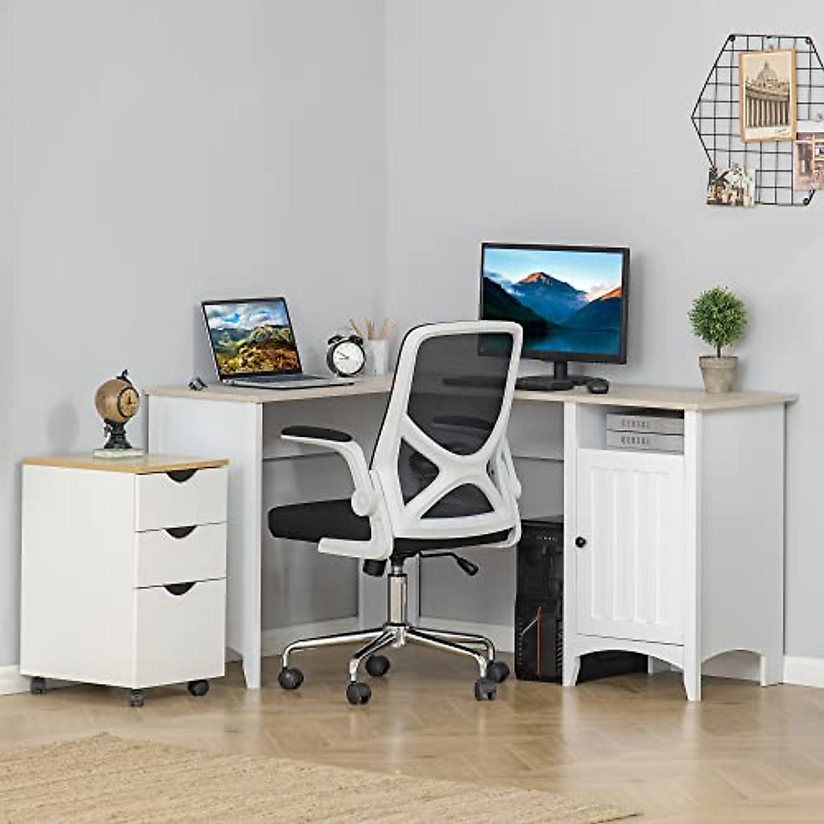 HOMCOM L-Shaped Computer Desk with Open Shelf and Storage Cabinet, Corner Writing Desk with Adjustable Shelf, White