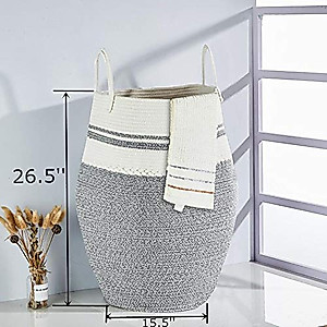 Laundry Basket Woven Cotton Rope Large Clothes Hamper 16" D x 25" H, Tall Basket with Extended Cotton Handles for Storage Clothes Toys in Bedroom, Bathroom, Foldable White and Gray by Gecious
