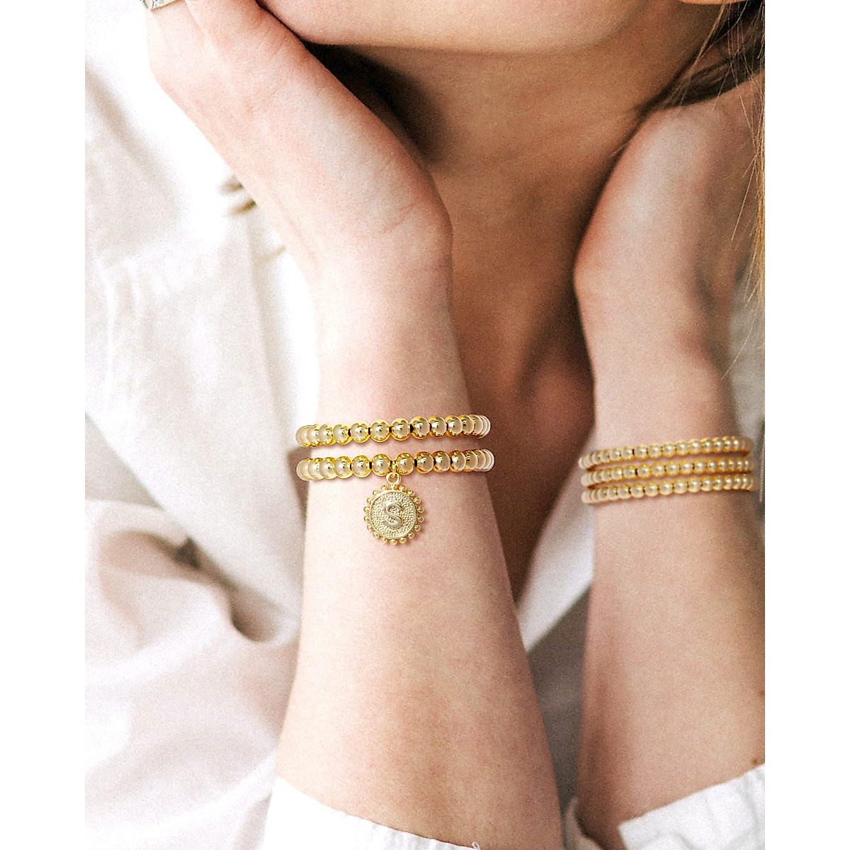 adoyi Gold Bracelets for Women, Gold Chain Bracelet Sets 14K Gold Initial Beaded Bracelets Adjustable Stretch Stackable Layered M Bracelet Set for Women Teen Girls Jewelry Gifts