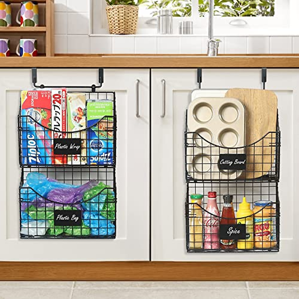 Over The Cabinet Door Organizer 4 Pack, Over Door Storage Basket with Name Plate Hooks for Cutting Board Foils Cookie Sheet, Grid Storage Bin Basket Holder Rack for Kitchen Pantry Bathroom