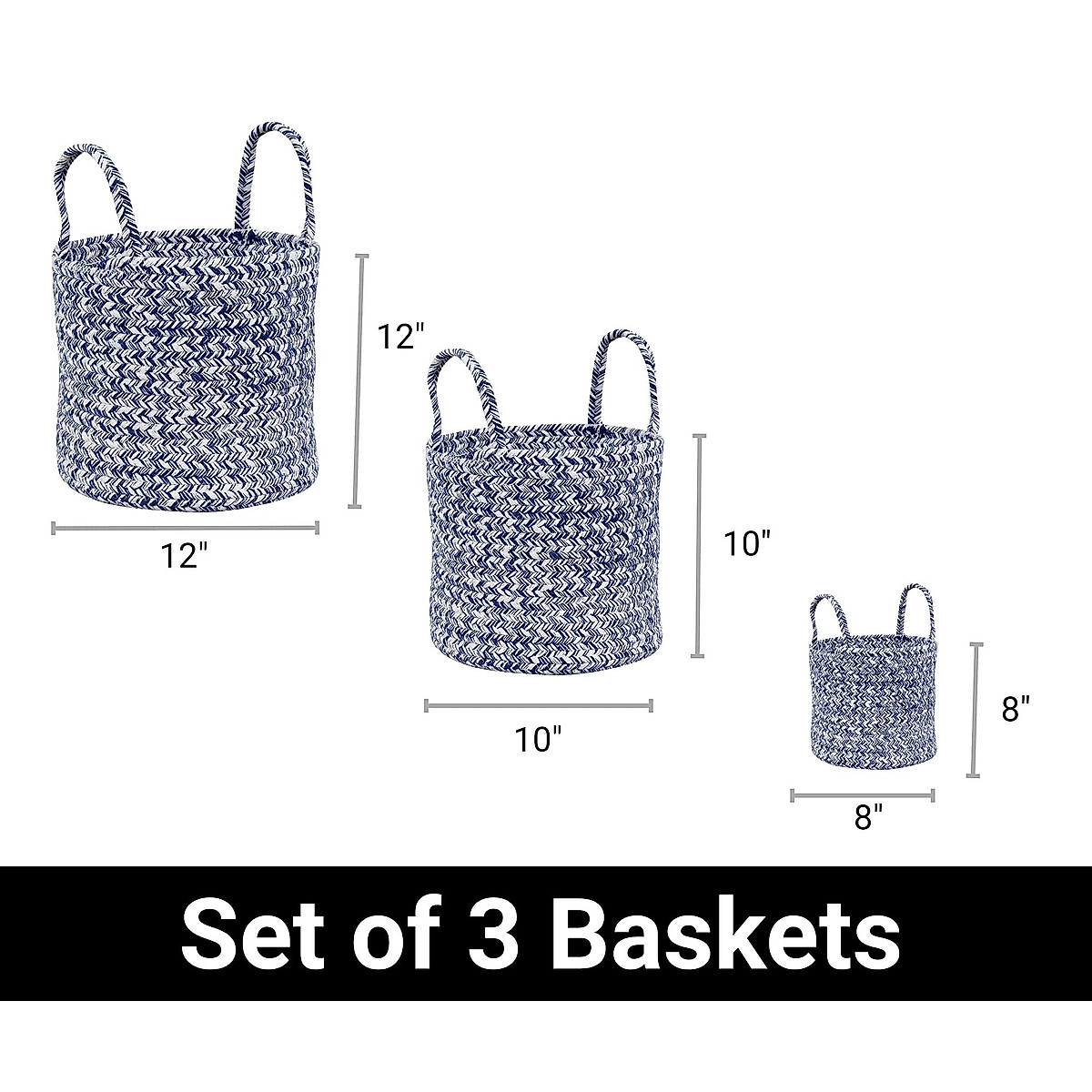 Super Area Rugs Farmhouse Plant Basket/Planter Multi Purpose Open Top Bin with Handles, Cotton Rope Basket, 8-inch, 10-inch and 12-inch Blue & White