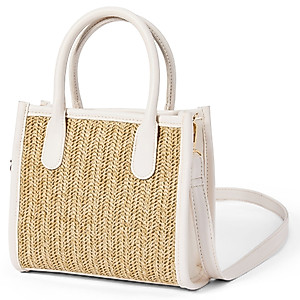 Like Dreams Women Fashion Crossbody Woven Straw Inner Polka Vegan Leather Summer Top Handle Purse (Ivory)