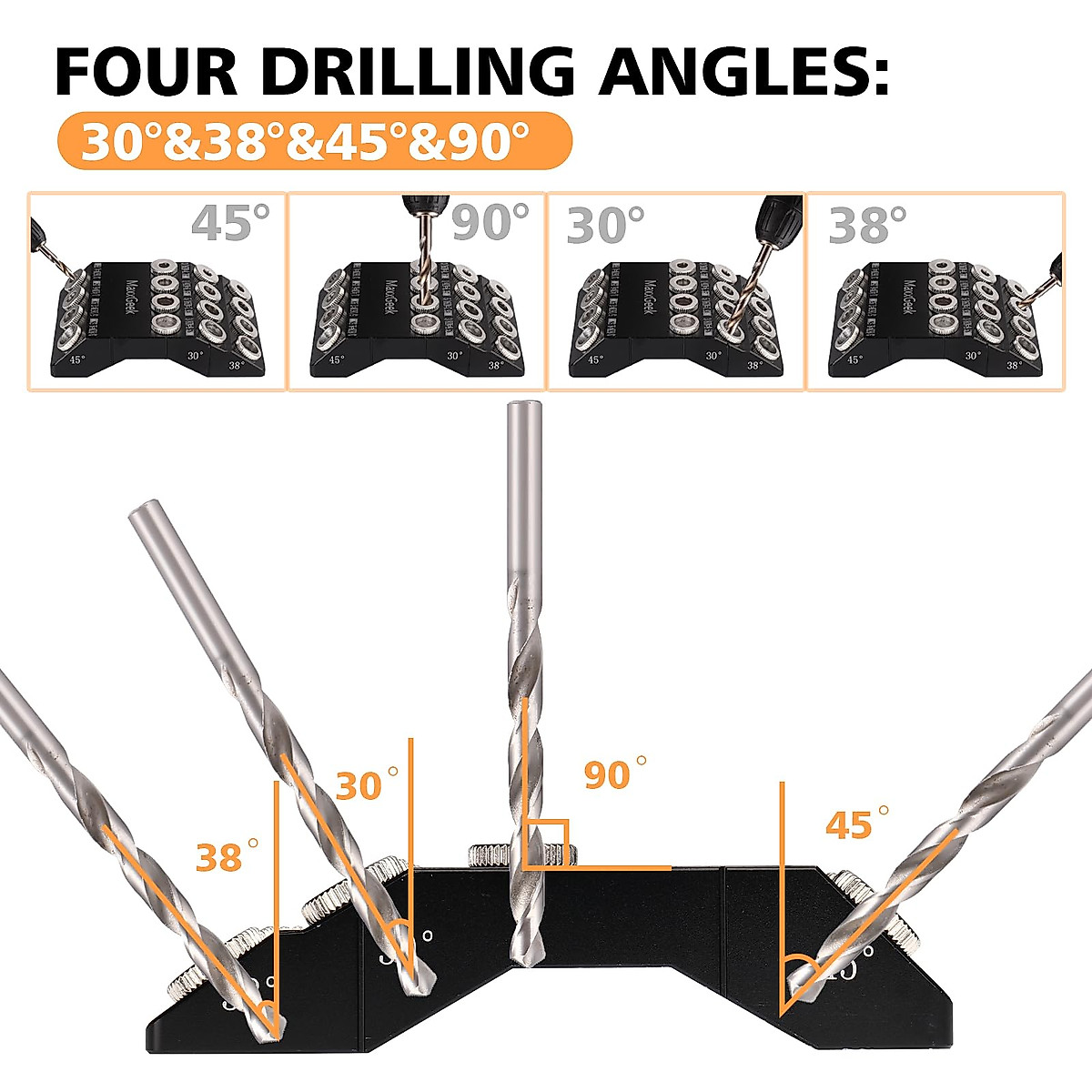 MaxxGeek Drill Guide for 30 38 45 90 Degree Angled and Straight Holes, Added 38 Degree Portable Drill Guide for Deck Stair Handrail and Horizontal Cable Wood Post （Without Drill Bit）