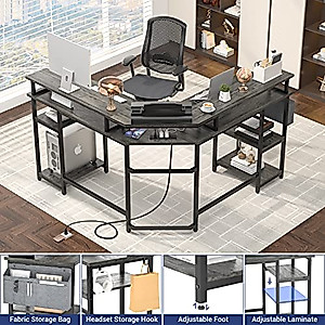 Aheaplus L Shaped Gaming Desk with Power Outlets & LED Lights, L- Shaped Desk Computer Corner Desk with Monitor Stand and Storage Shelf, Home Office Desk Writing Desk with Storage Bag, Grey Oak